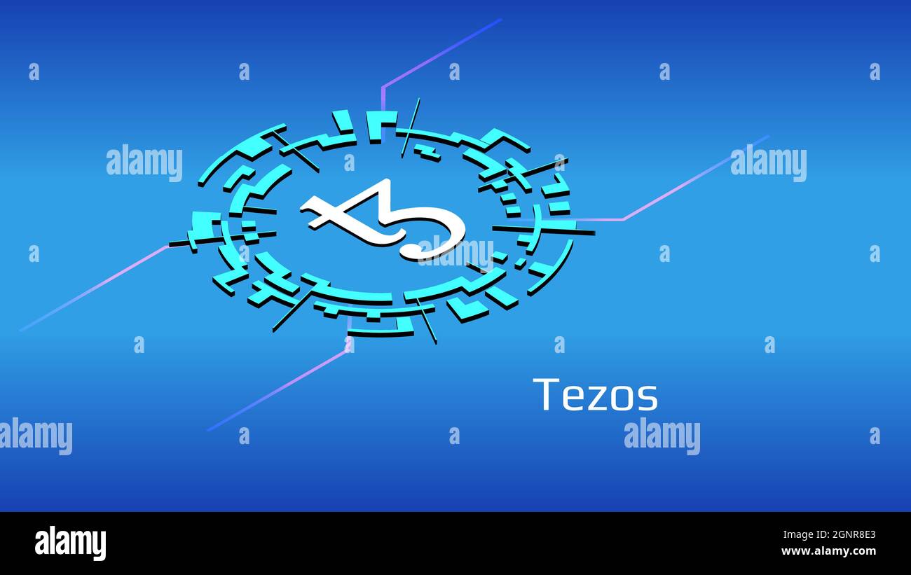 Tezos XTZ isometric token symbol in digital circle on blue background ... Tezos XTZ isometric token symbol in digital circle on blue background ...