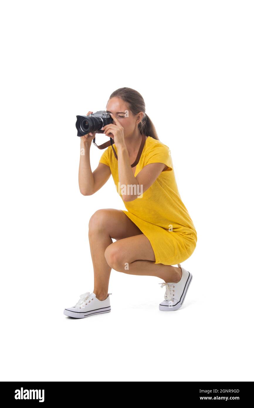 Woman photographer takes snaps, isolated on white background Stock ...
