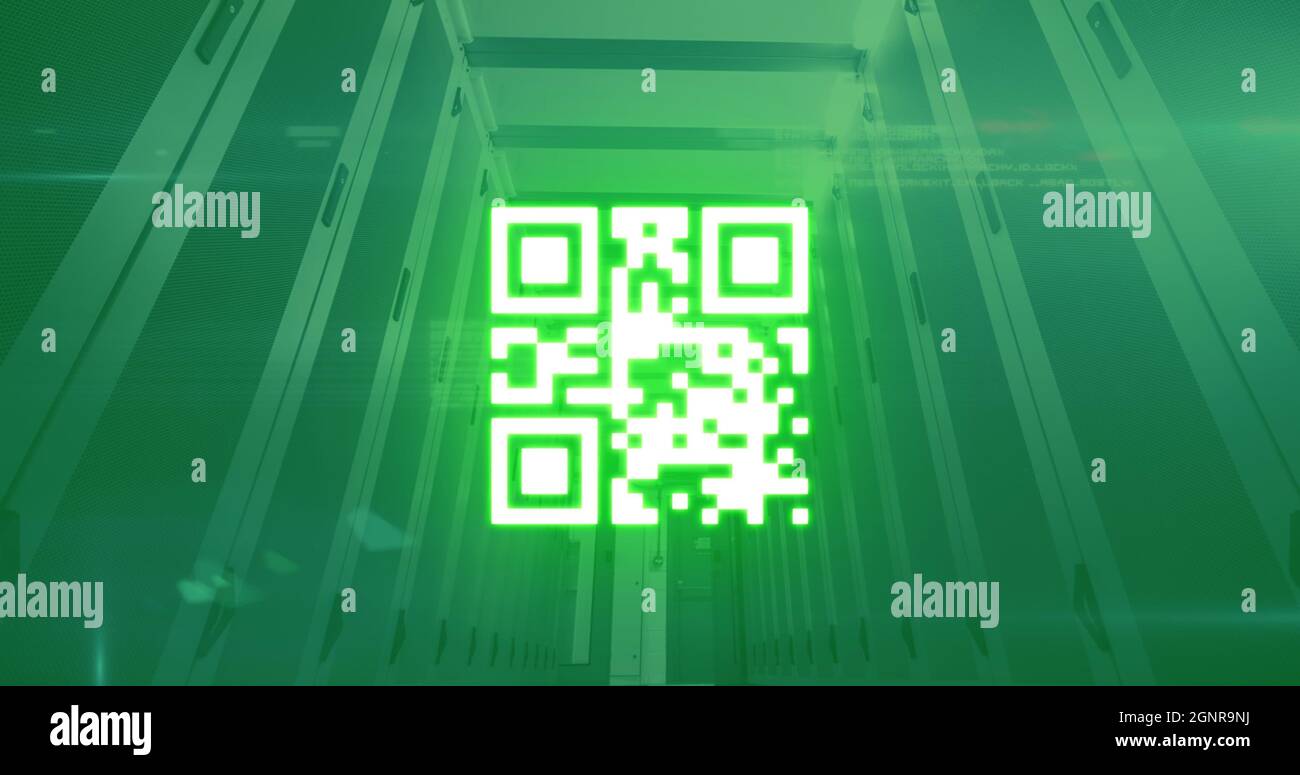 QR code scanner against data processing over empty server room Stock ...
