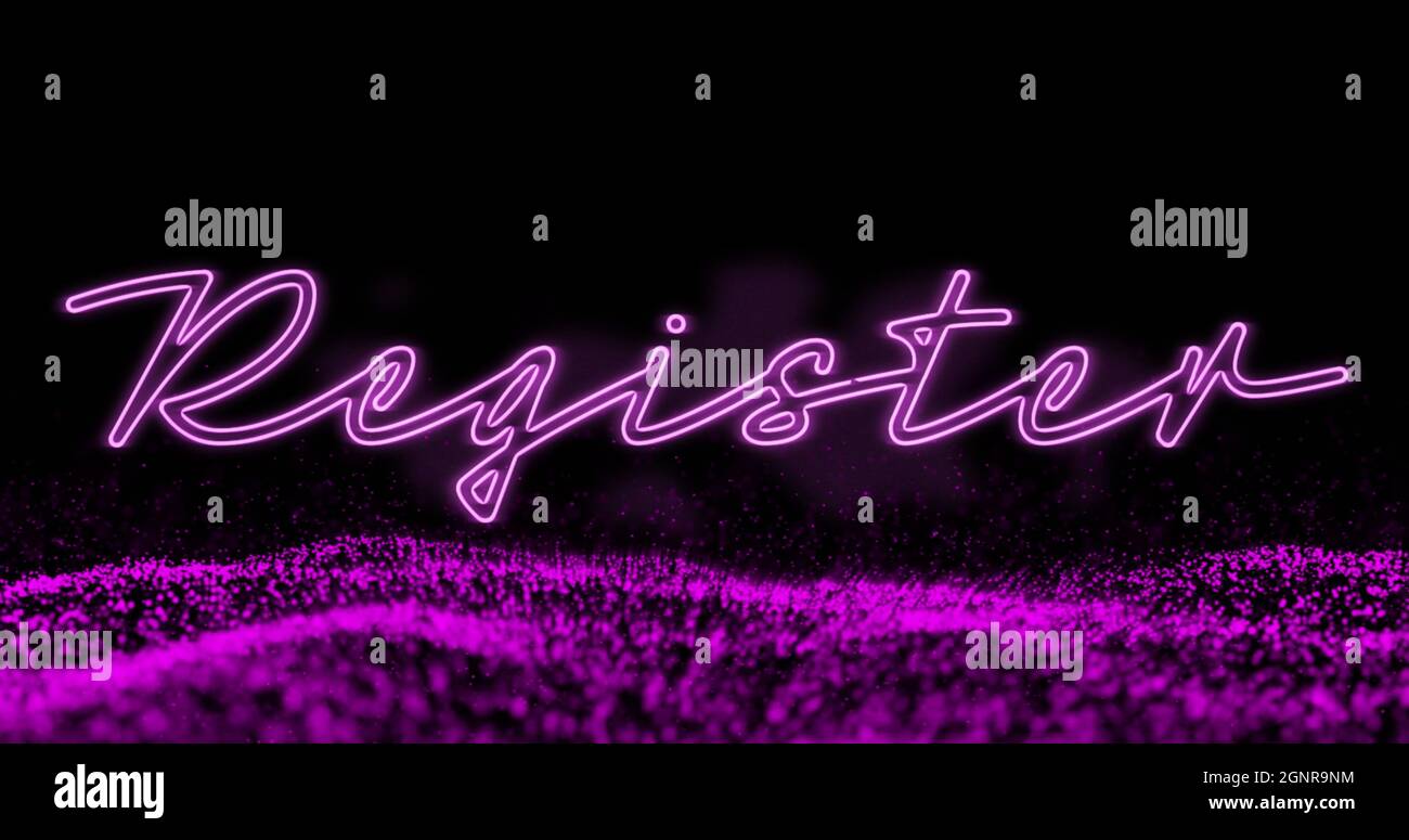 Image of register purple neon text with purple glowing mesh over black ...