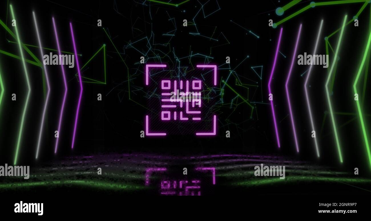 QR code scanner with neon elements against network of connections Stock ...
