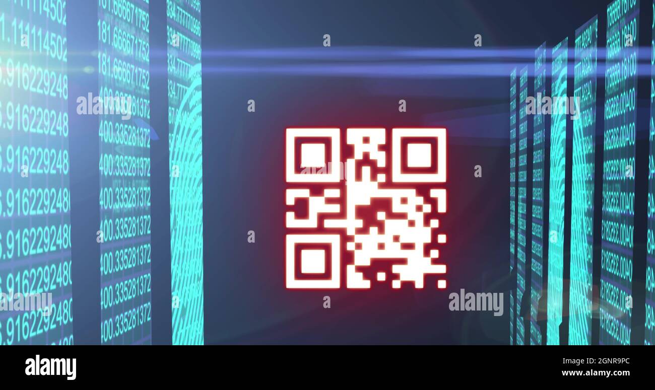Qr Code Scanner With Neon Elements Against Screens Of Data Processing