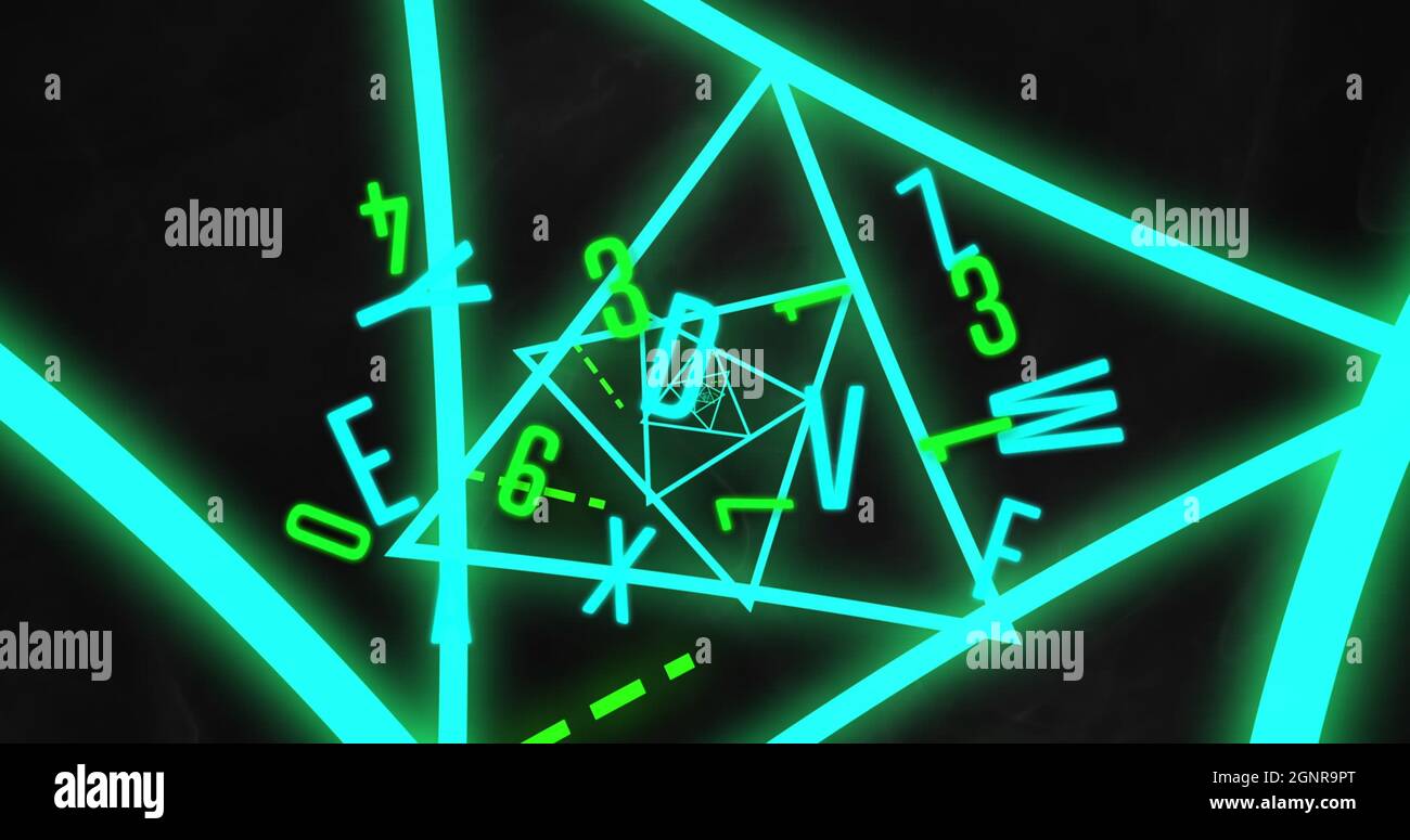 Turning geometric neon blue shapes with numbers and letters moving on ...