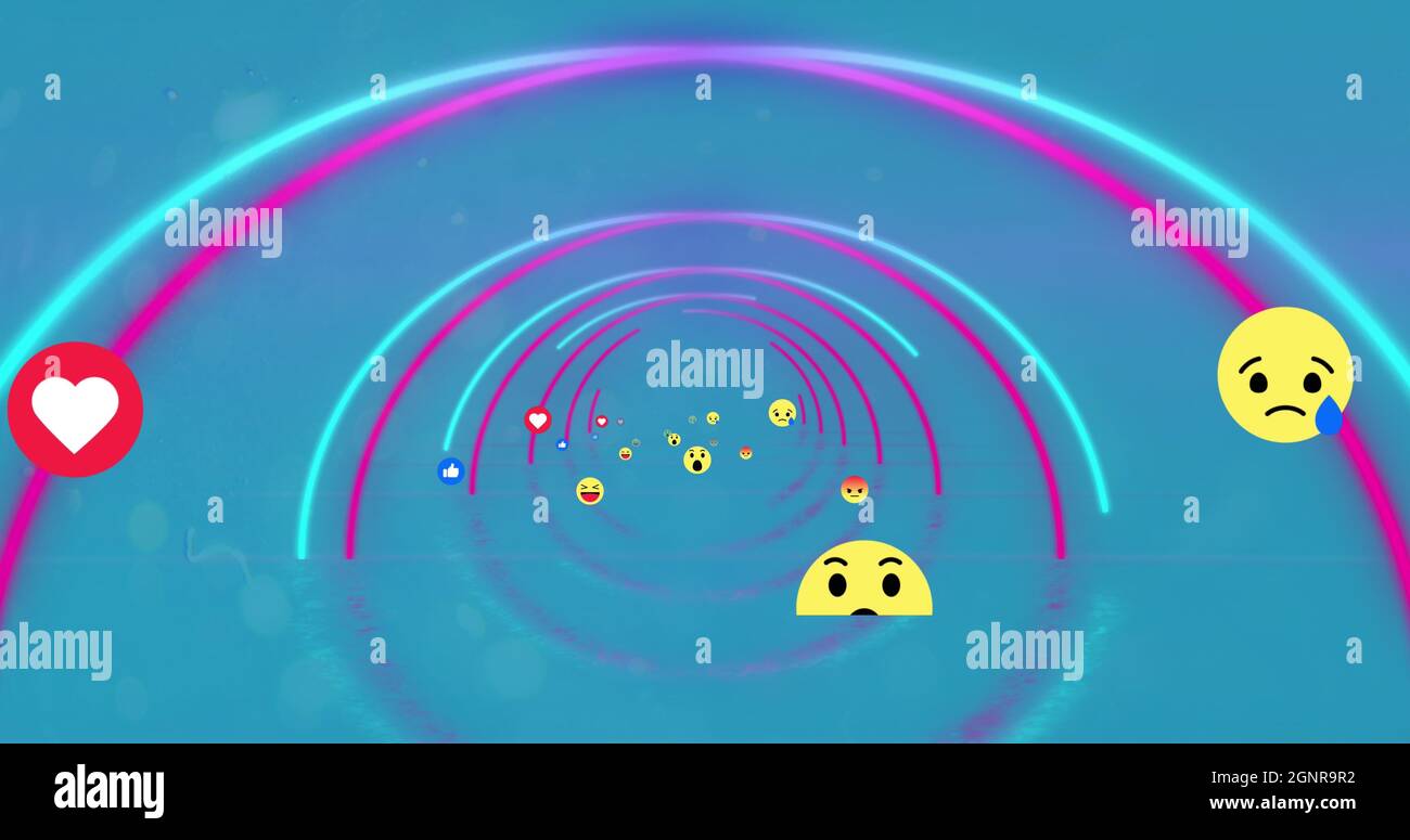Multiple face emojis moving against glowing tunnel on blue background ...