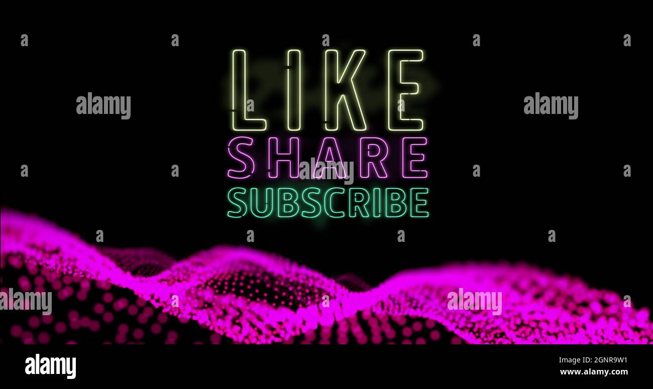 Image of neon like share subscribe text over abstract waving mesh with ...