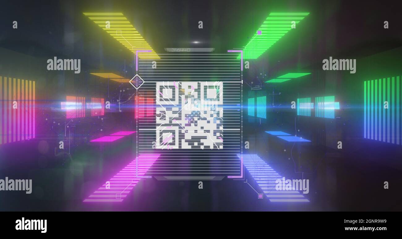 QR code scanner over thumb scanning against glowing tunnel Stock Photo ...