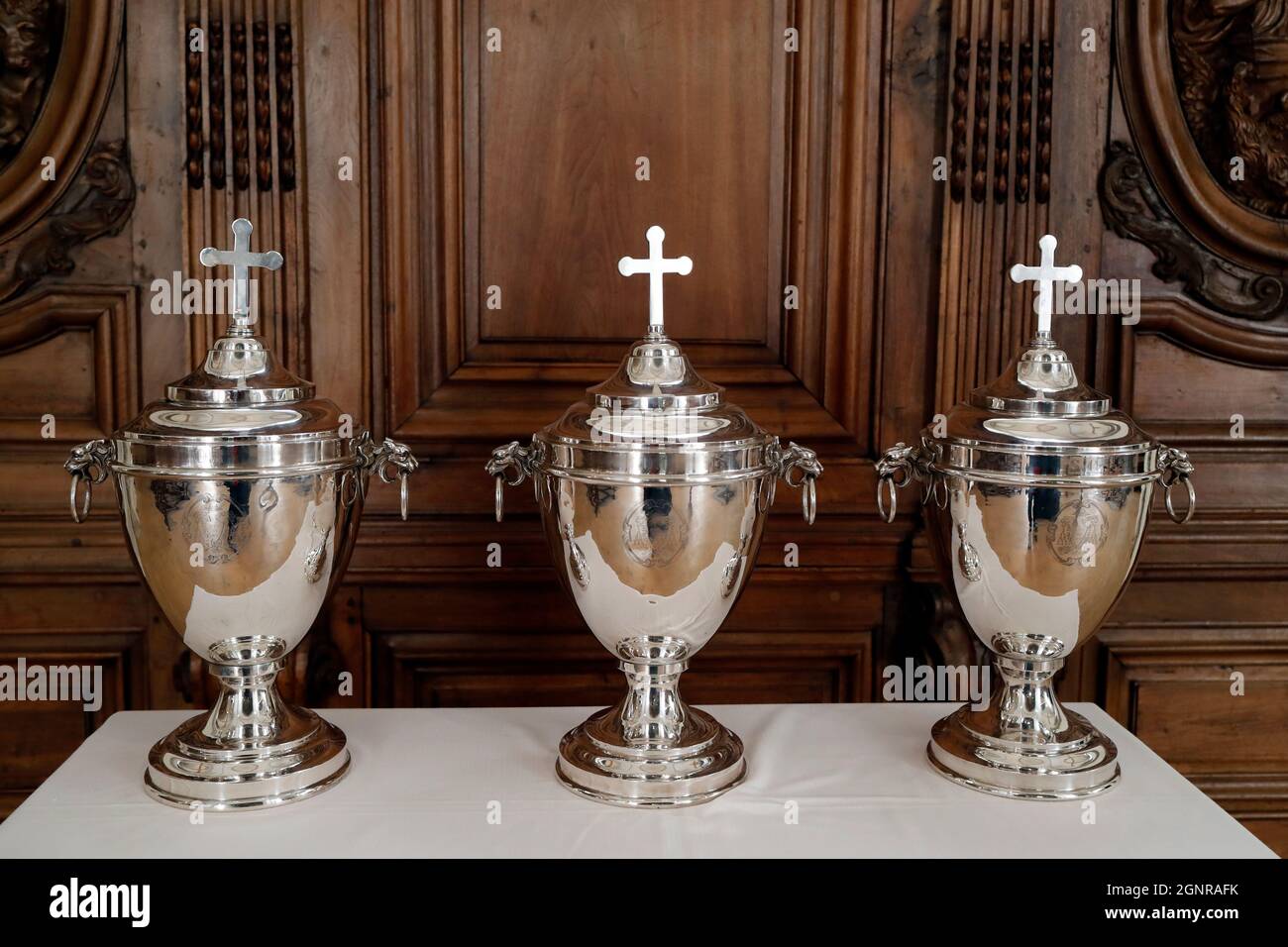 Saint Maurice church. Holy Thursday. Chrism Mass. Holy oils used in the ...