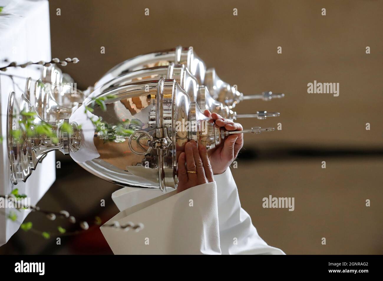 Saint Maurice church. Holy Thursday. Chrism Mass. Holy oils used in the ...