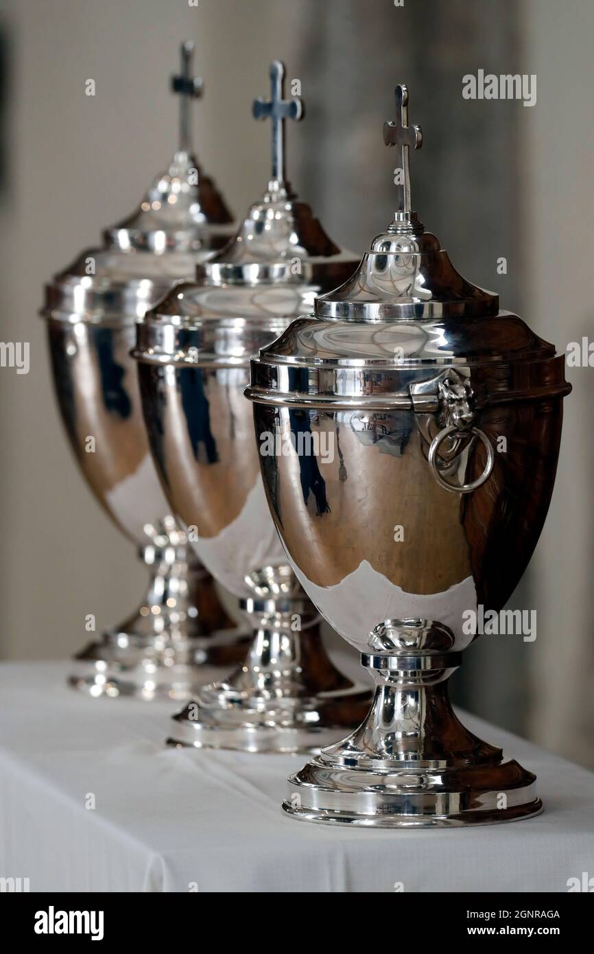 Saint Maurice church. Holy Thursday. Chrism Mass. Holy oils used in the ...