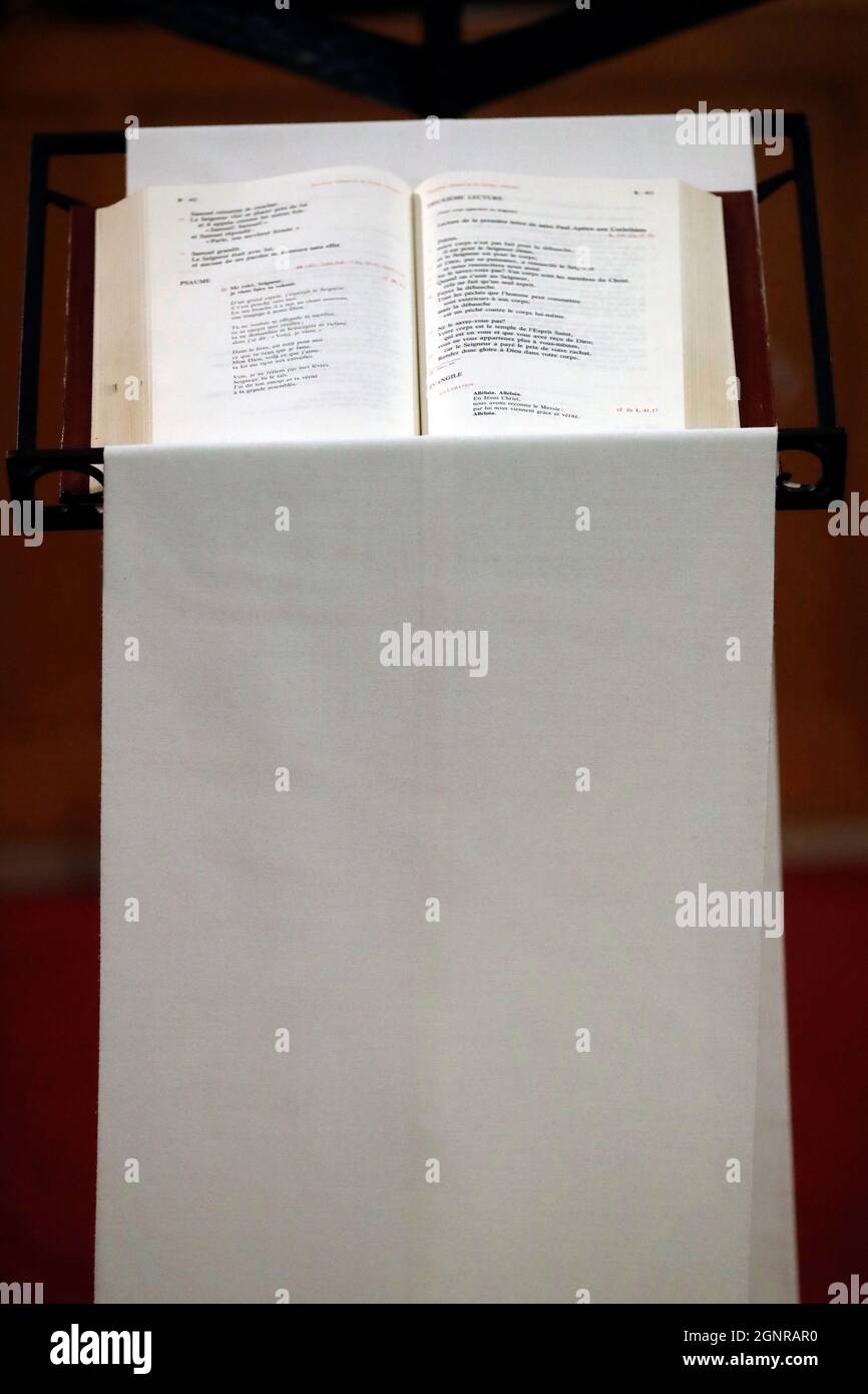 Saint Francois de Sales basilica. Catholic masss. Open Gospel book ...