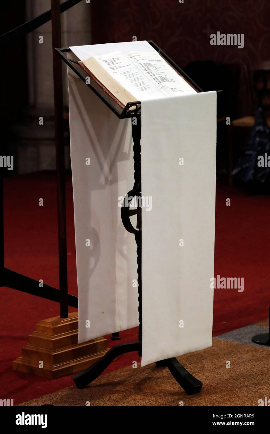 Saint Francois de Sales basilica. Catholic masss. Open Gospel book ...