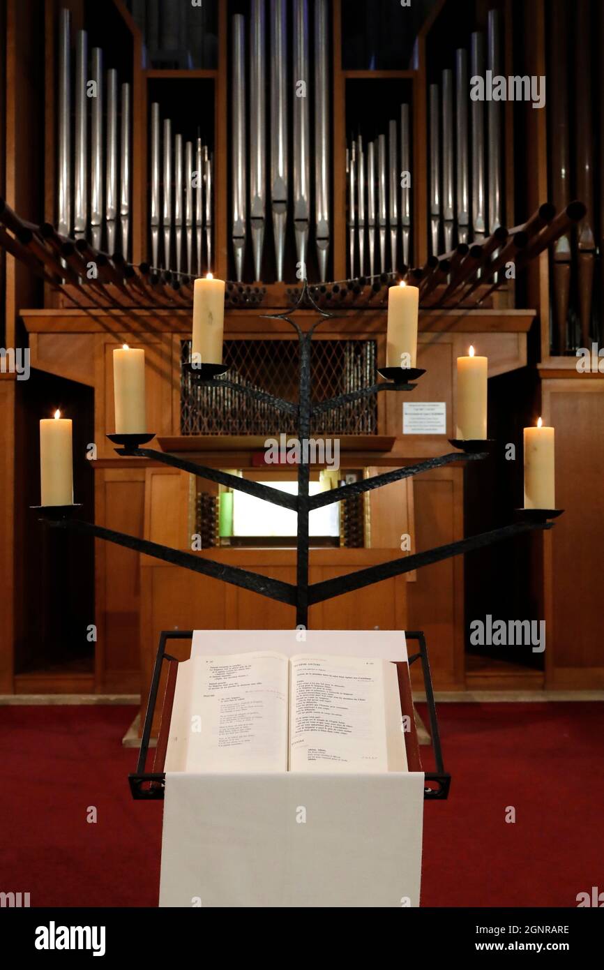 Saint Francois de Sales basilica. Catholic masss. Open Gospel book ...