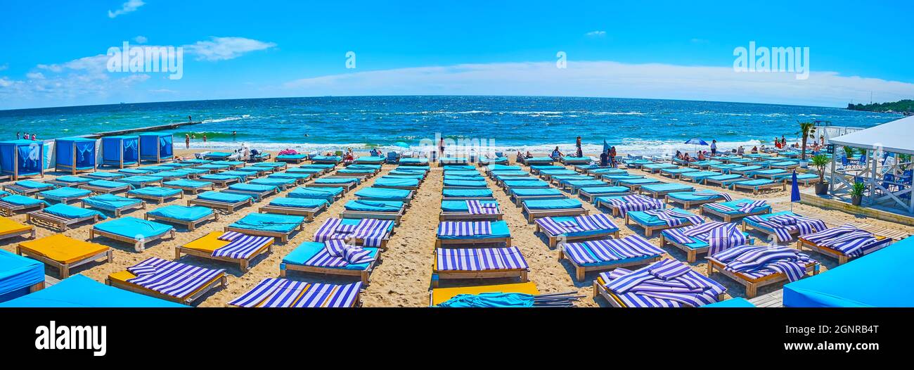 Panorama of the cozy Otrada Beach with trestle beds, beach bar ...