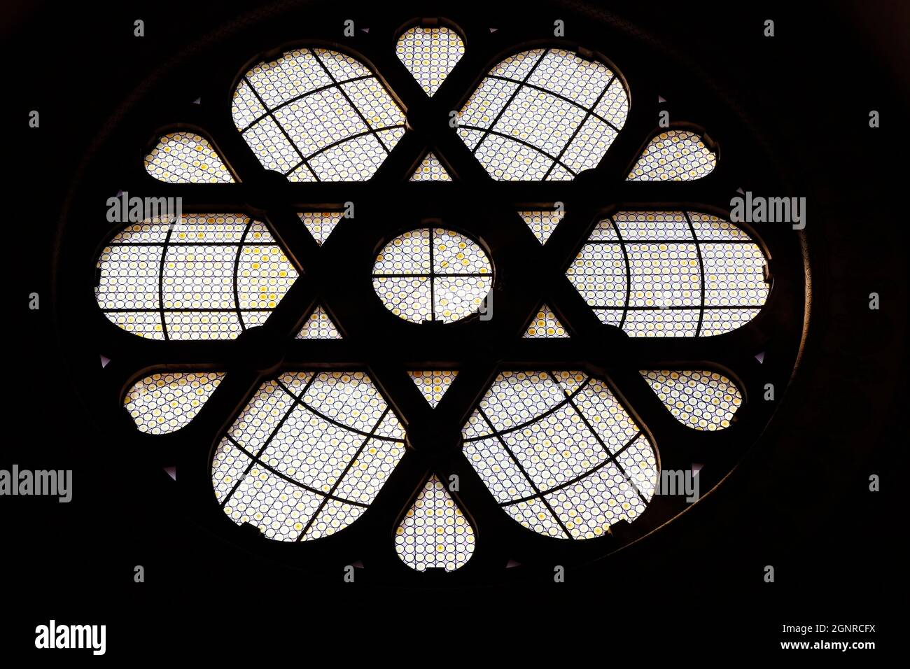 Interior of synagogue. Rose window with Star of David. Trieste. Italy ...
