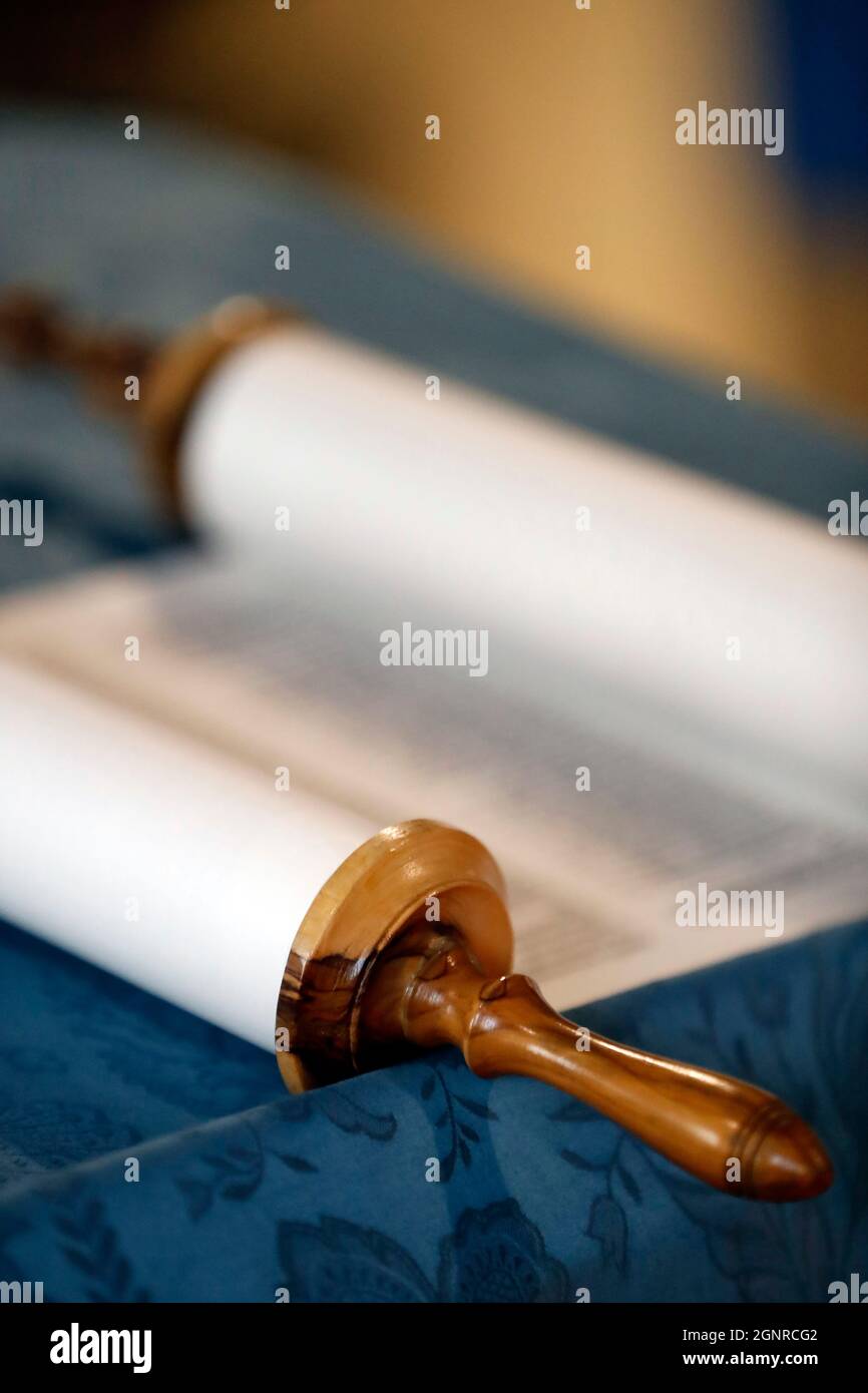 Torah scroll used in the ritual of Torah reading during Jewish prayers ...