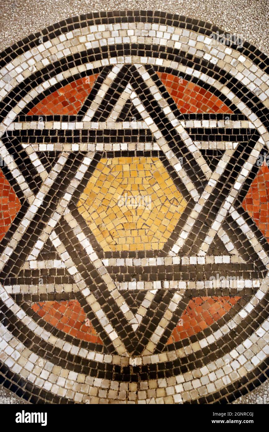 Interior of synagogue. Mosaic. Star of David. Jewish symbol. Trieste ...