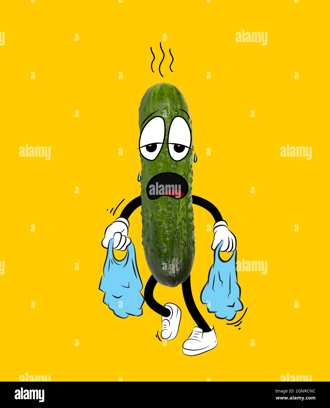 Funny cute green cucumber like little man standing isolated over yellow ...