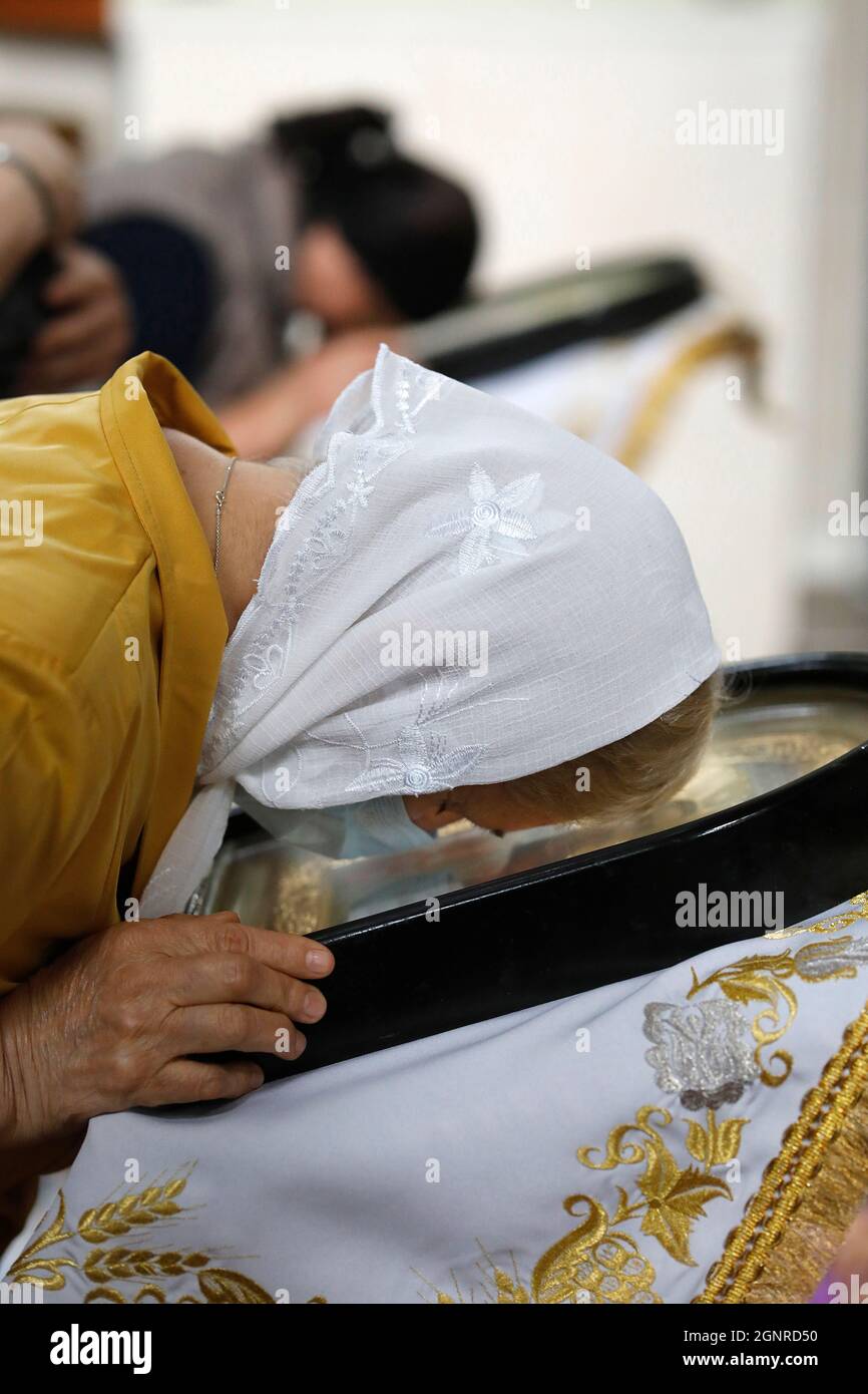 Orthodox mass in Transfiguration church, Chisinau, Moldova. Icon ...