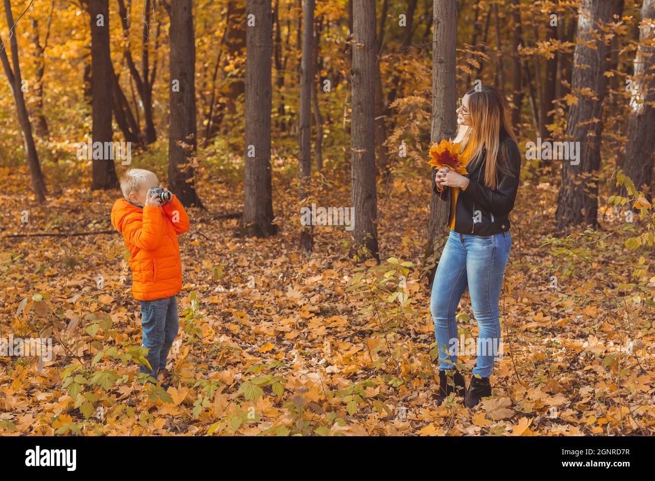 Boy photographer takes pictures of a mother in the park in autumn ...
