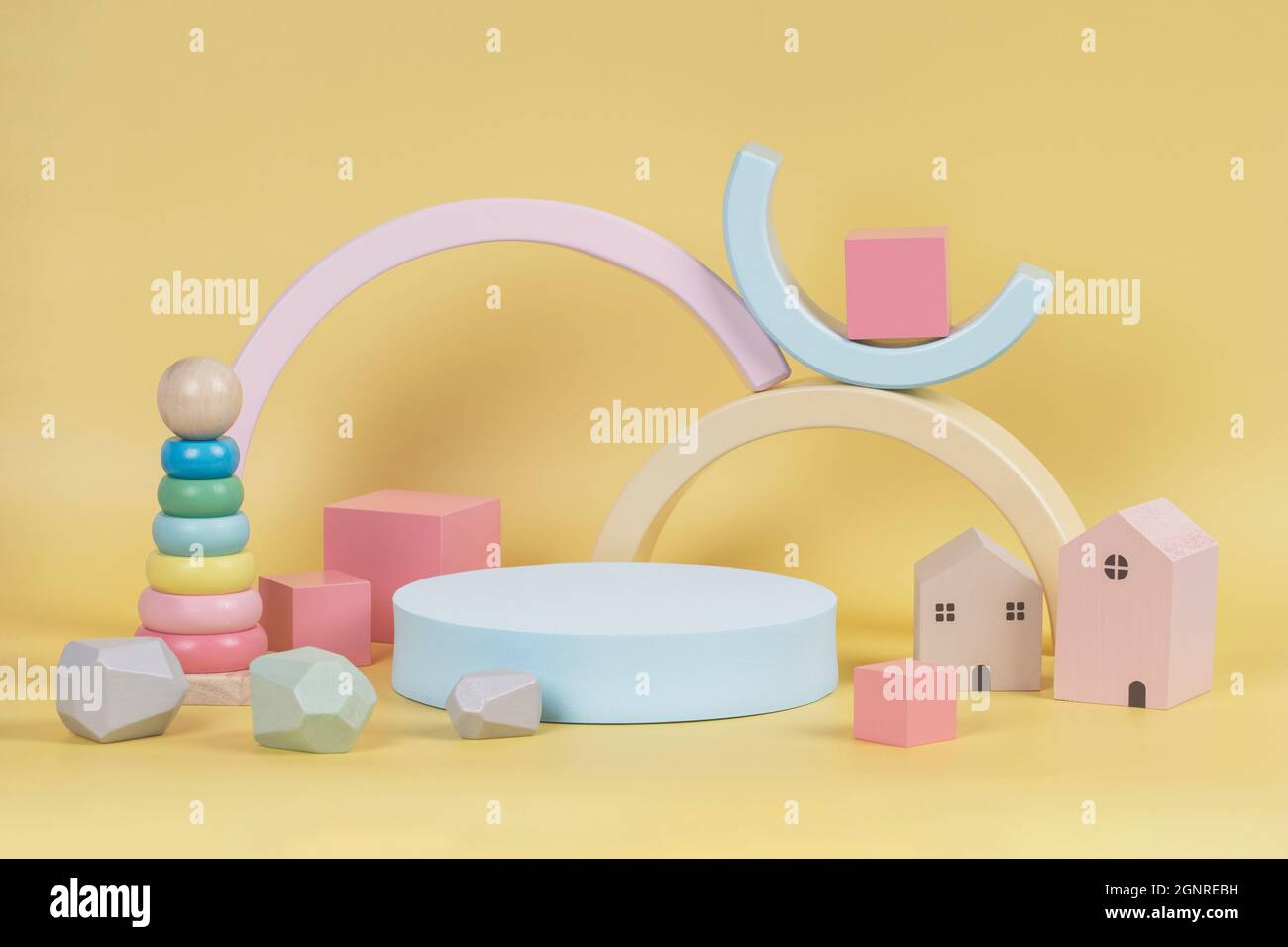 Composition of colorful educational natural wooden toys and geometric ...