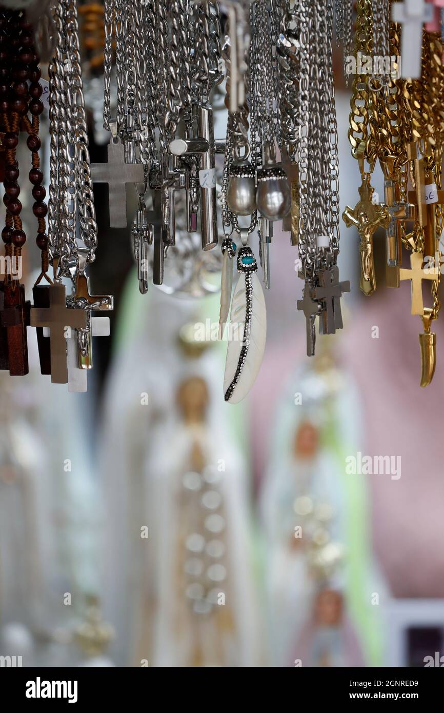 Sanctuary of Fatima. Souvenir shop with Rosary beads and religious ...