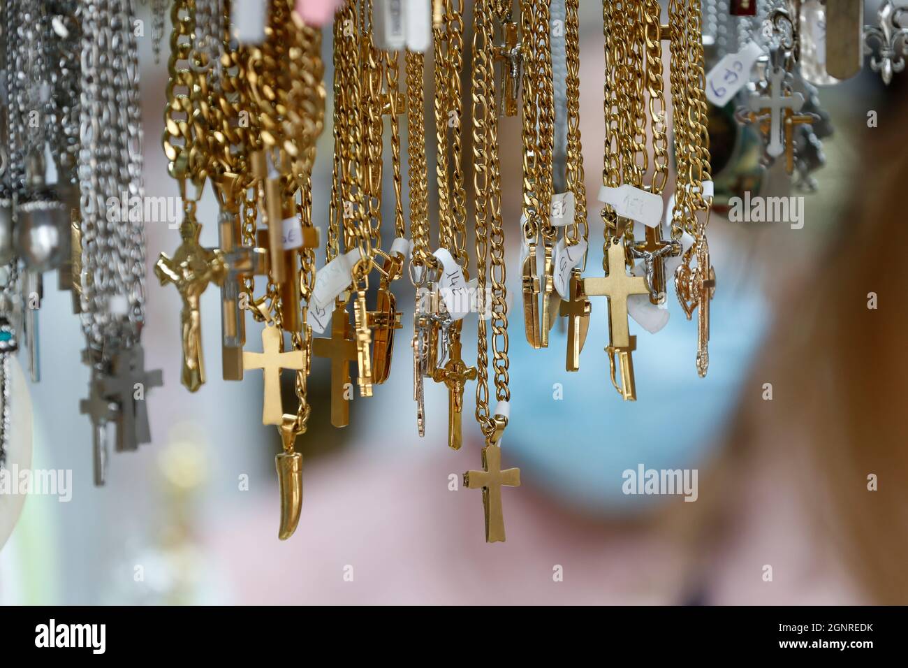 Sanctuary of Fatima. Souvenir shop with Rosary beads and religious ...