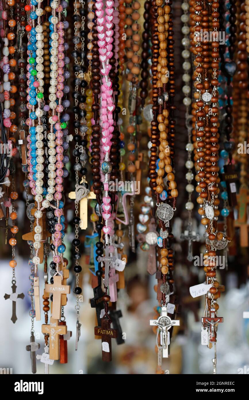 Sanctuary of Fatima. Souvenir shop with Rosary beads and religious ...