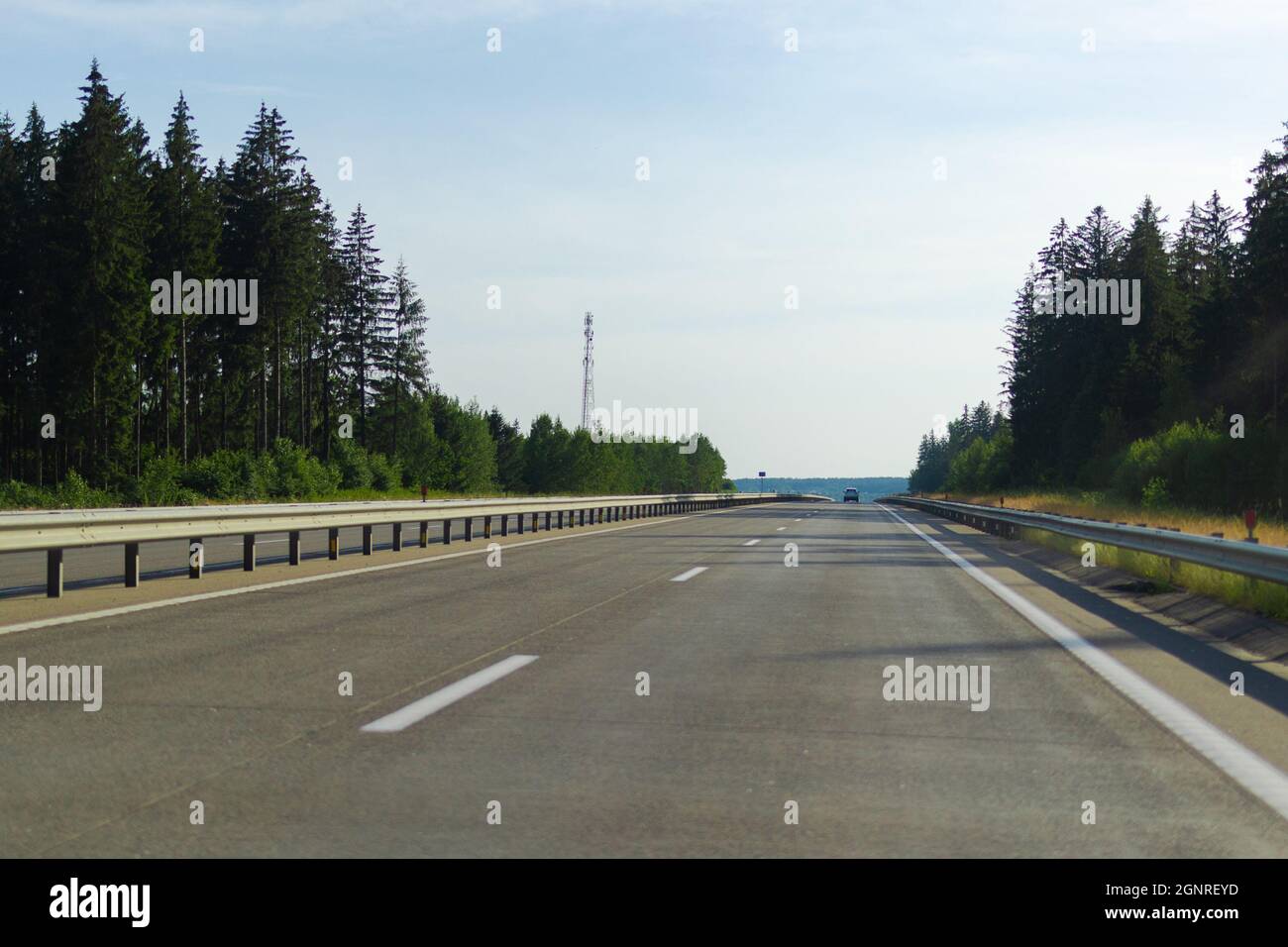 highway road in the countryside, roadside and asphalt, green forest and ...