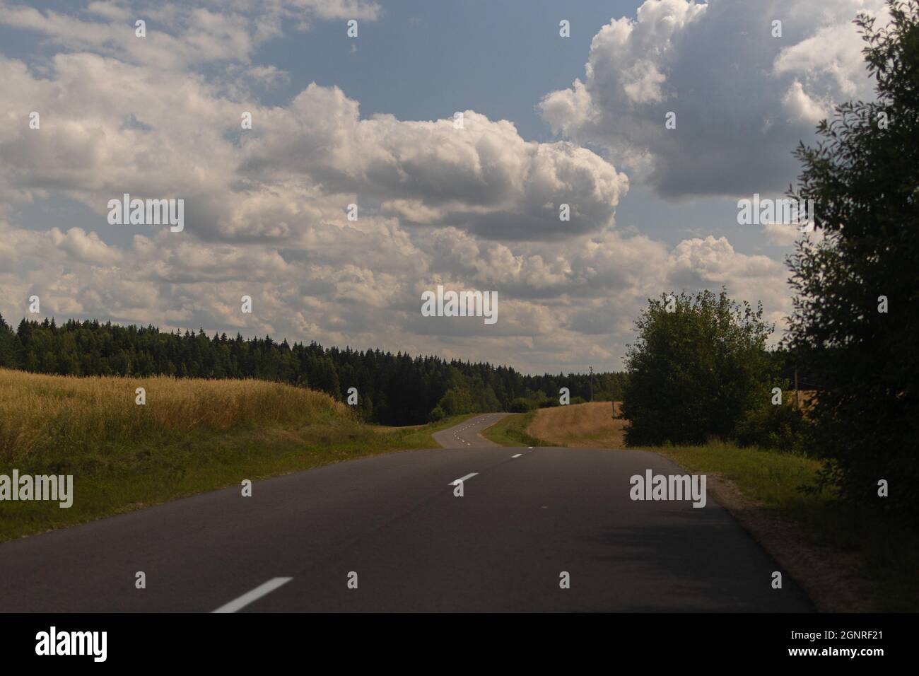 highway road in the countryside, roadside and asphalt, green forest and blue sky on a sunny day ...