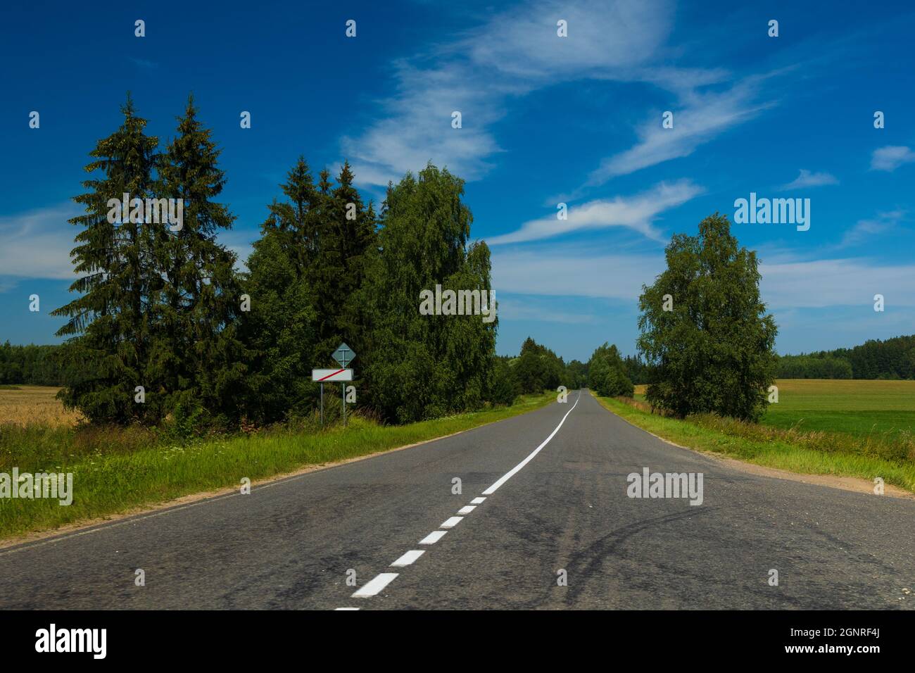 highway road in the countryside, roadside and asphalt, green forest and ...