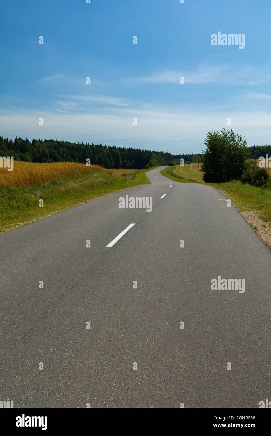 highway road in the countryside, roadside and asphalt, green forest and ...