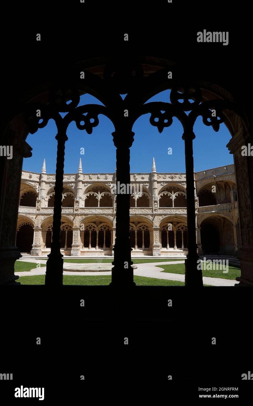 The Jeronimos Monastery or Hieronymites Monastery. The cloister. Lisbon ...