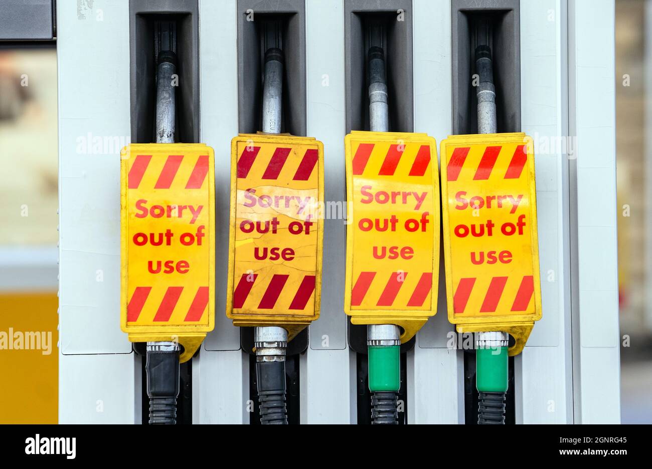 Fuel pumps out of use at a deserted petrol station forecourt in Bradley ...