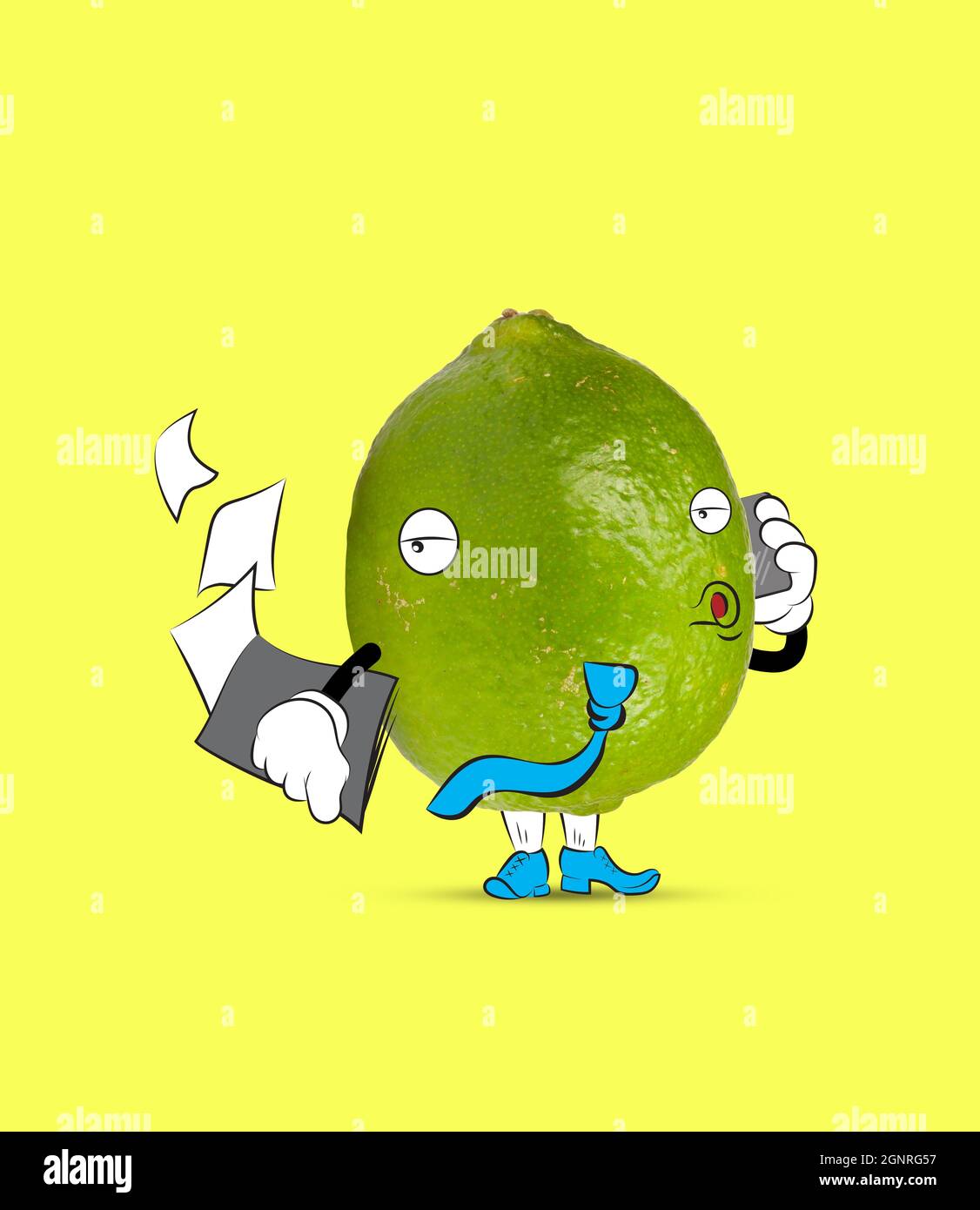 Contemporary collage. Funny cute green lime talking on phone isolated ...