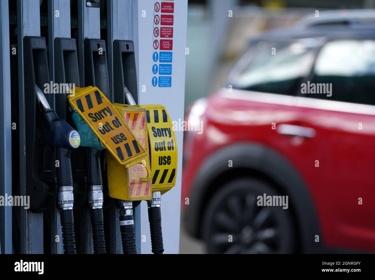 A sign on fuel pumps showing no fuel available at a BP petrol station ...