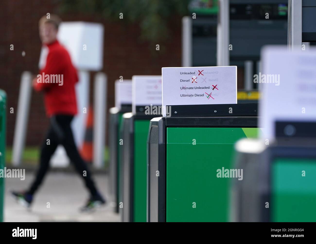 A sign on fuel pumps showing no fuel available at a BP petrol station ...