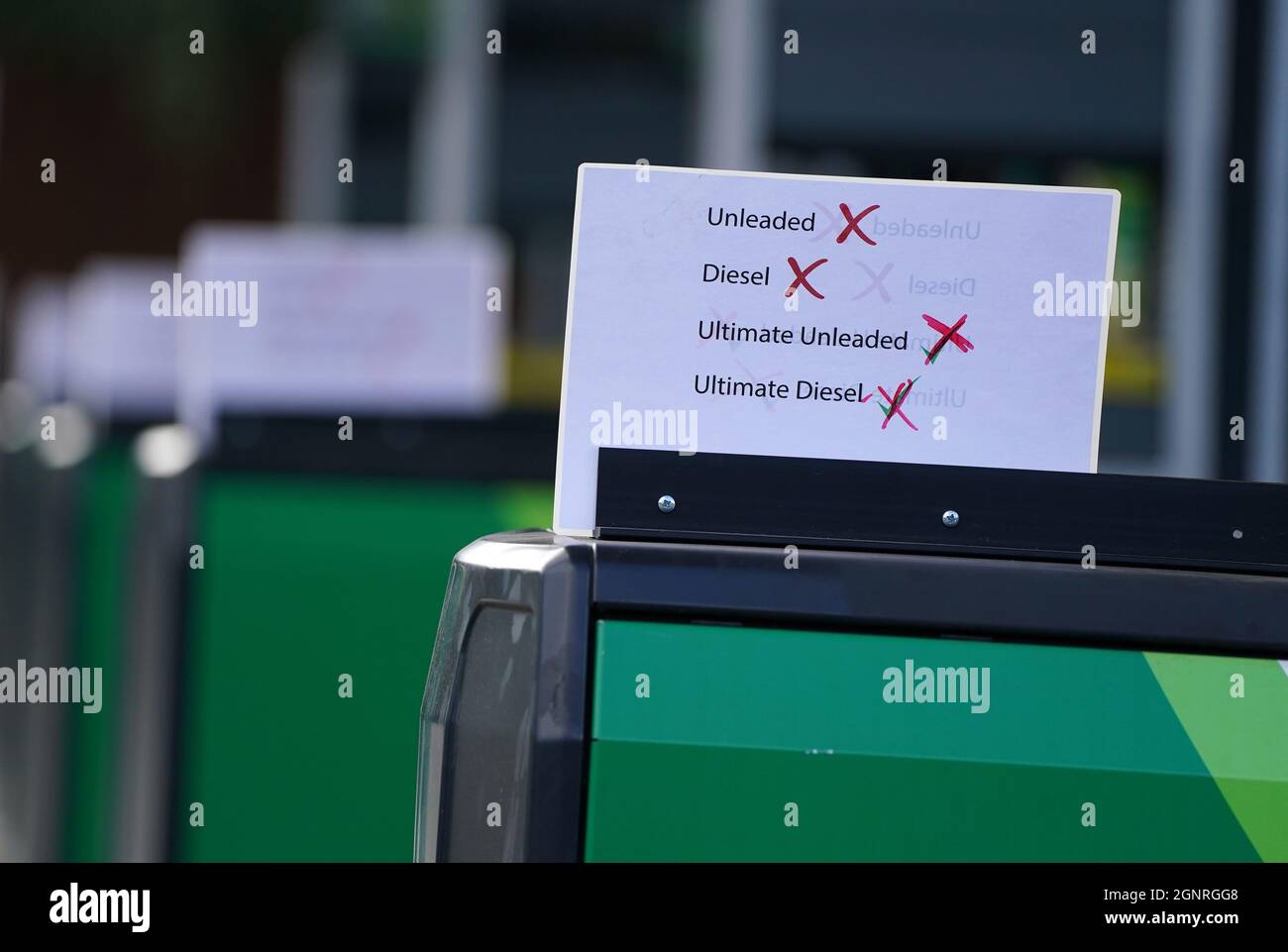 A sign on fuel pumps showing no fuel available at a BP petrol station ...