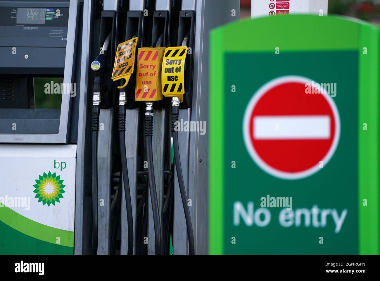 A sign on fuel pumps showing no fuel available at a BP petrol station ...
