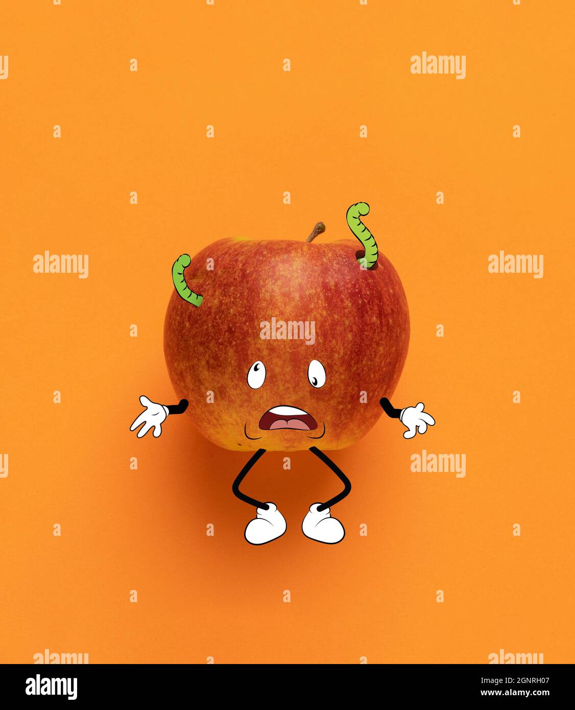 Contemporary artwork. Cute sad red apple thinking isolated over orange ...