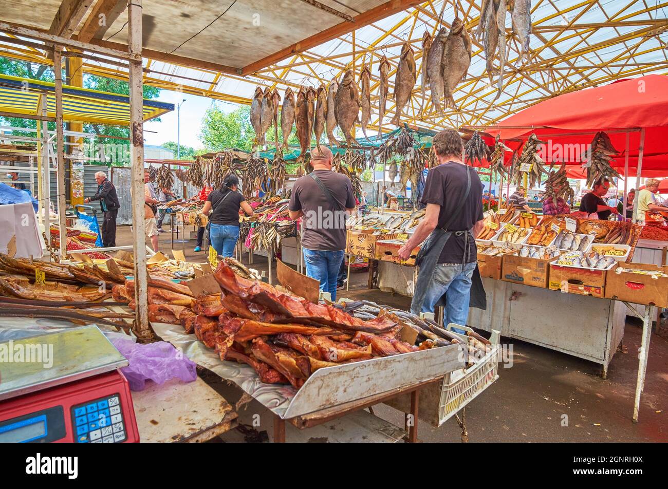ODESSA, UKRAINE - June 18, 2021: The fish department of Pryvoz Market ...
