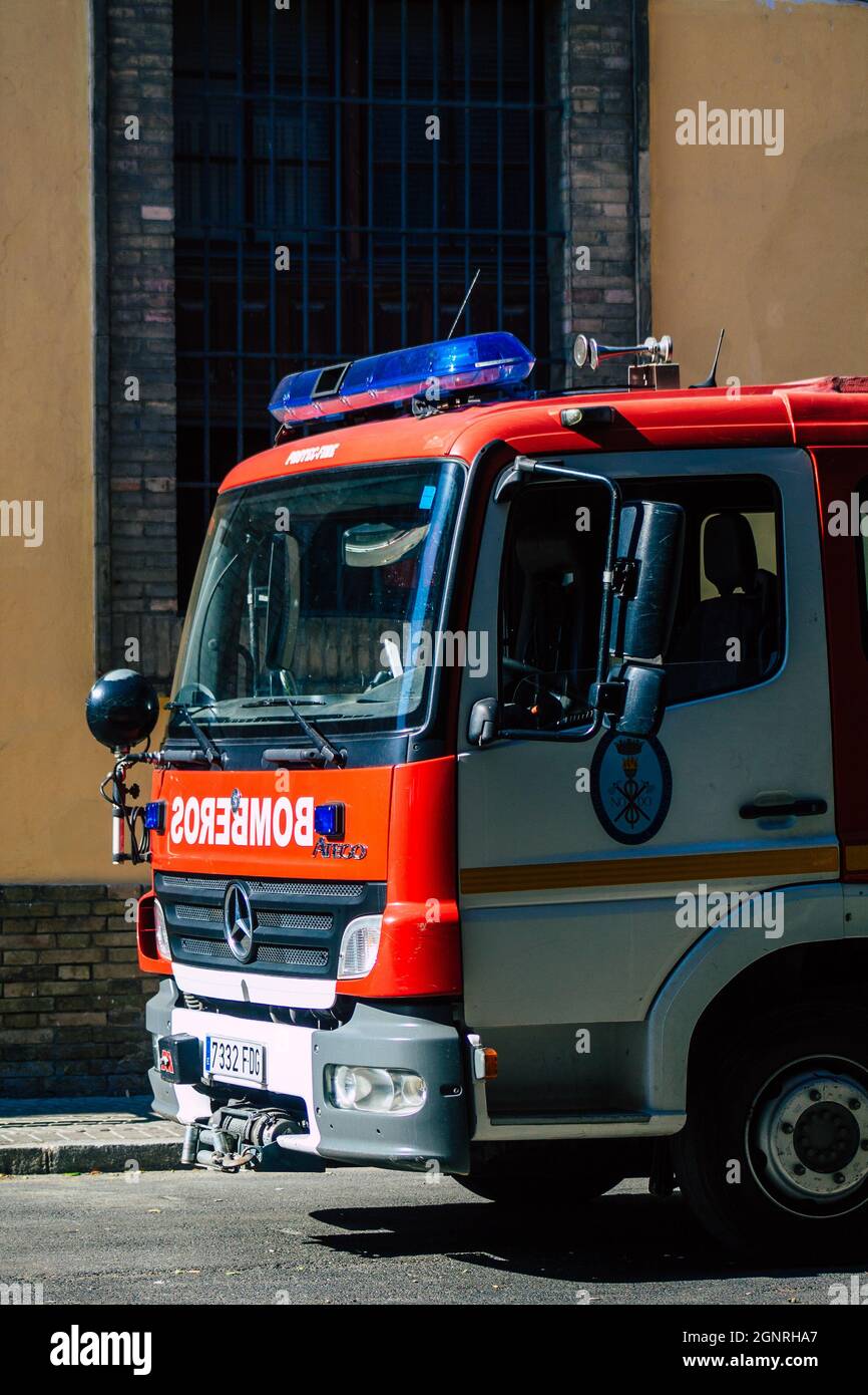 Seville Spain September 22, 2021 Fire engine parked at the fire station ...