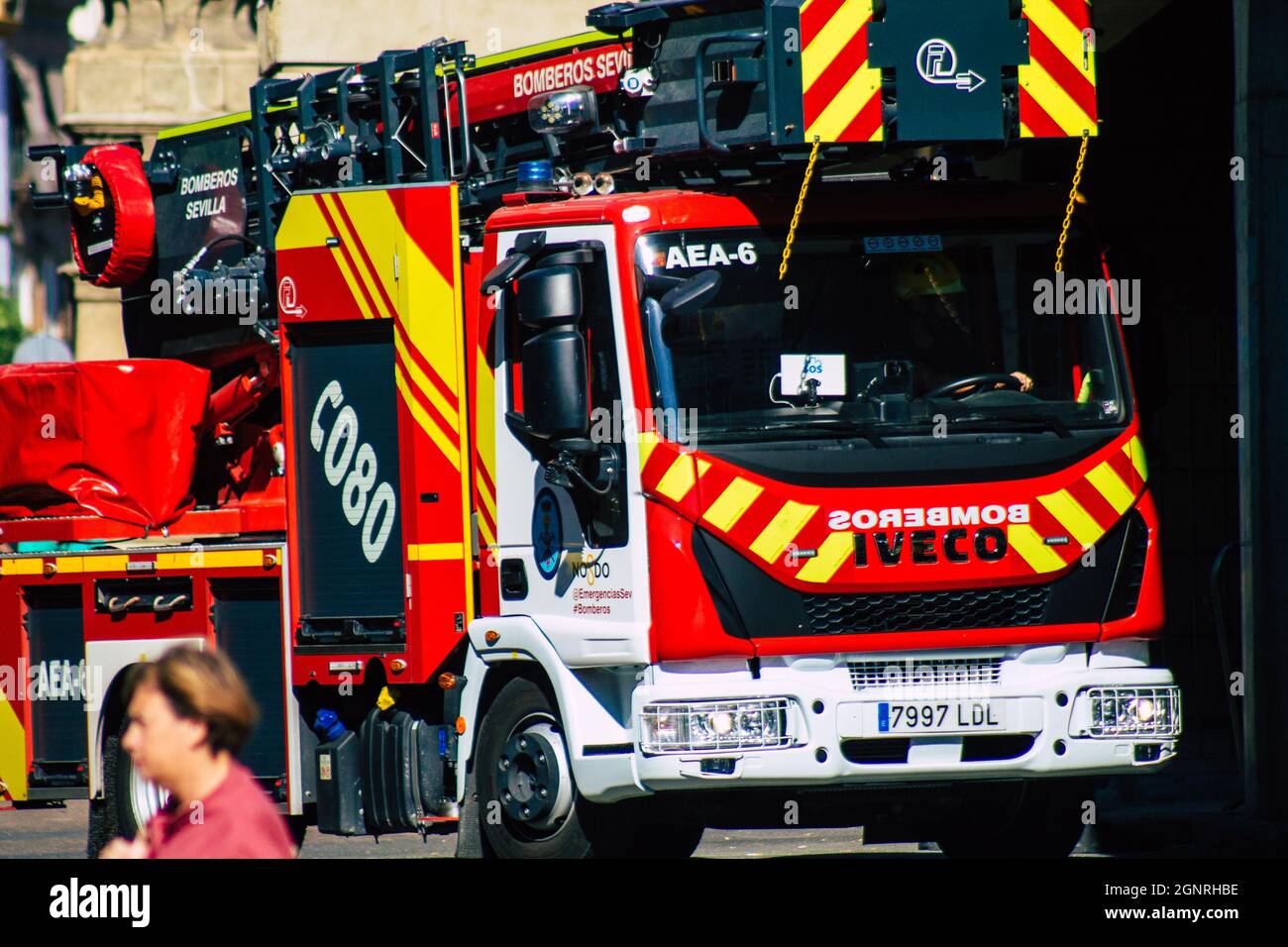 Seville Spain September 22, 2021 Fire engine parked at the fire station ...