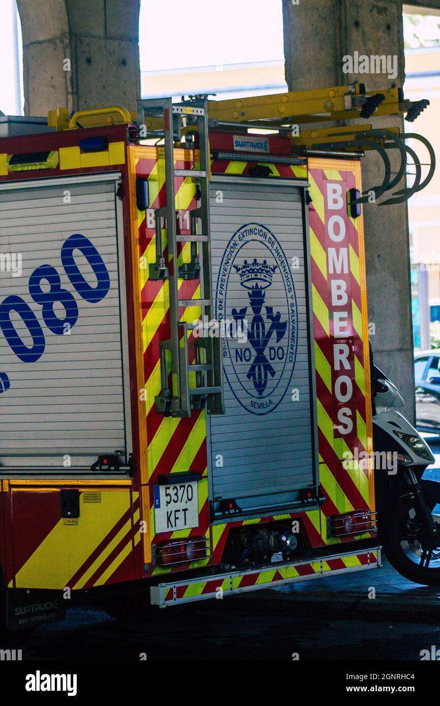 Seville Spain September 22, 2021 Fire engine parked at the fire station ...