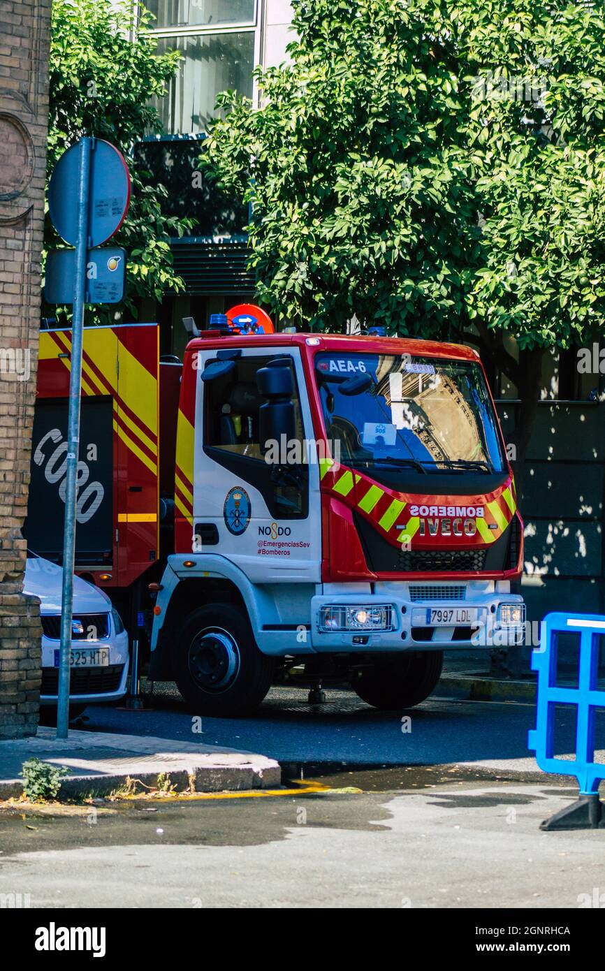 Seville Spain September 22, 2021 Fire engine parked at the fire station ...