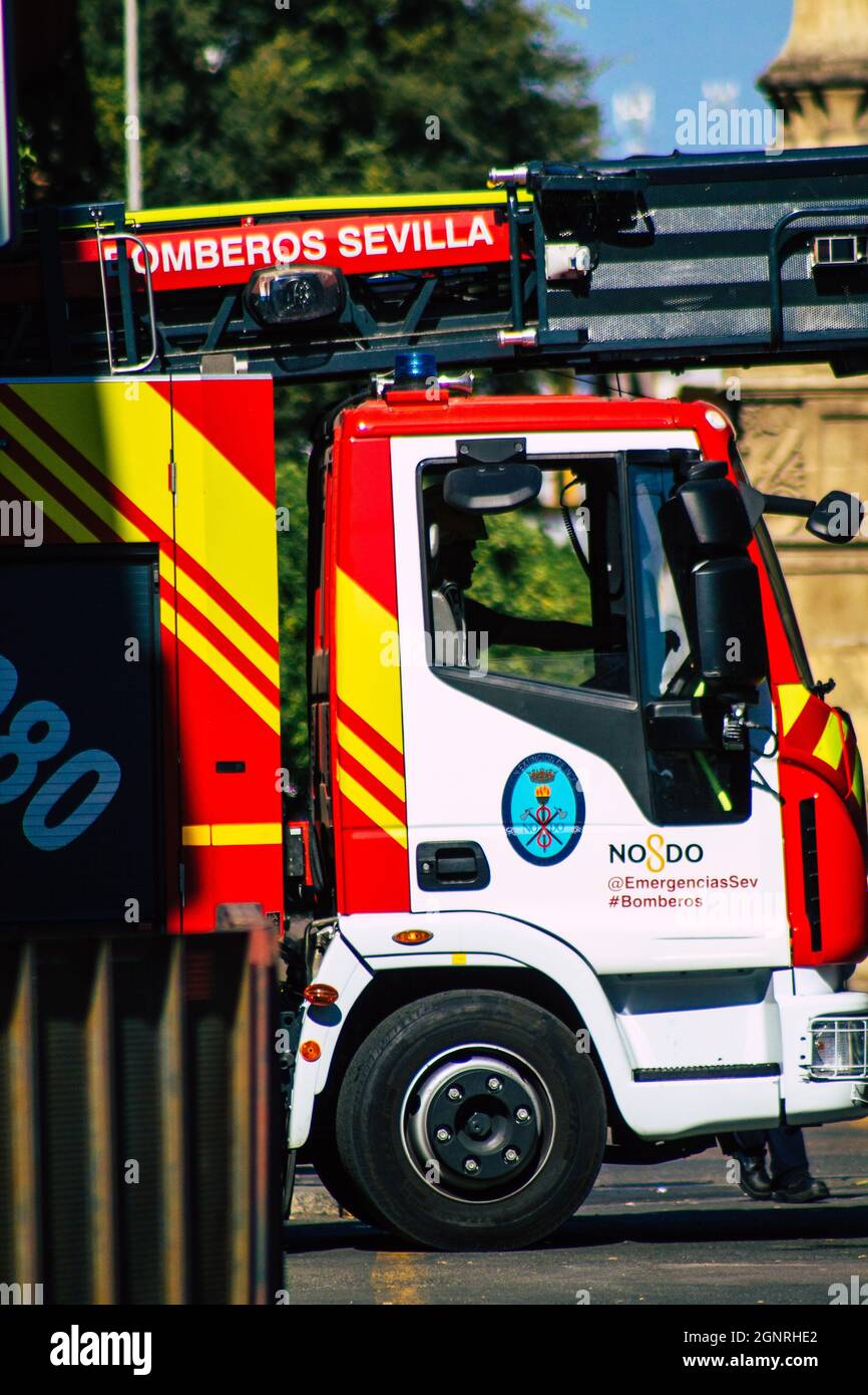 Seville Spain September 22, 2021 Fire engine parked at the fire station ...