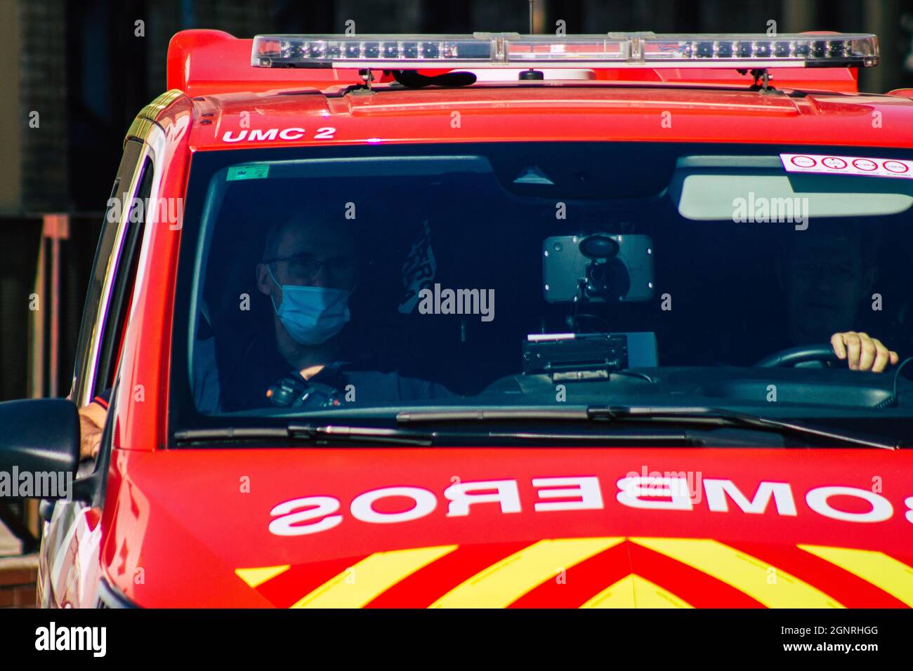 Seville Spain September 22, 2021 Fire engine rolling in the streets of ...
