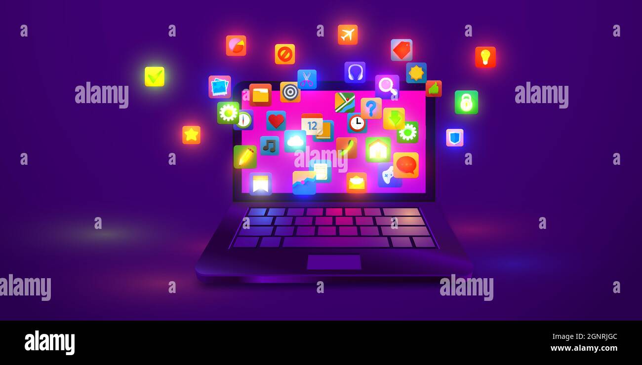 Laptop with application icons. App store concept. Computer software ...