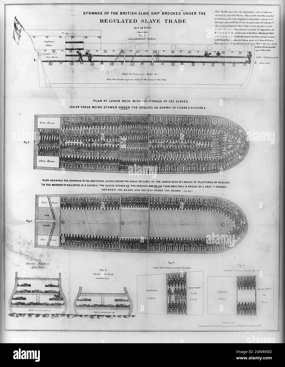 A vintage illustration circa 1788 entitled stowage of the British slave ...