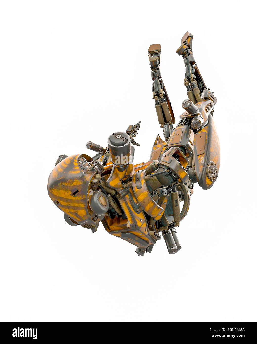 mega drone soldier robot is flying down side view, 3d illustration ...