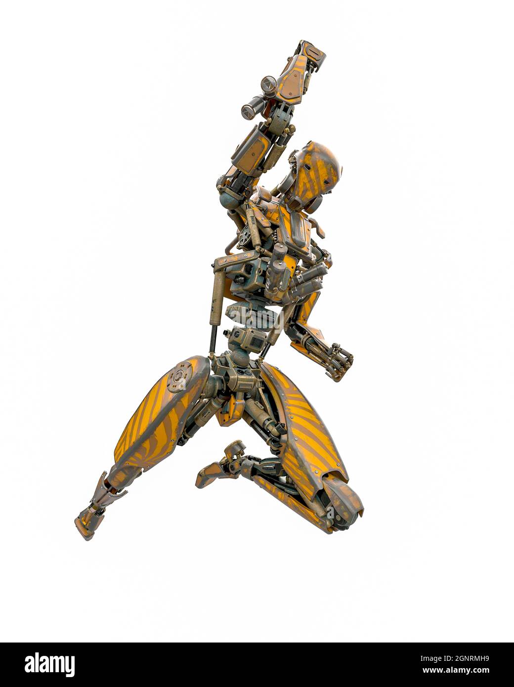 mega drone soldier robot is doing a super jump punch, 3d illustration ...